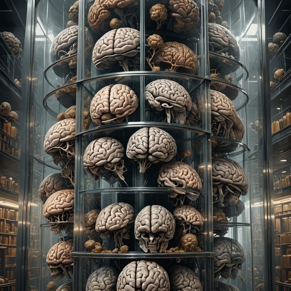 human brain with different grounds. empty glass elevator from bottom to ...