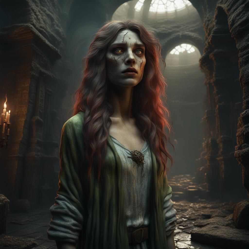 A young woman's ghost made of ragged swirling mists in catacombes - AI ...