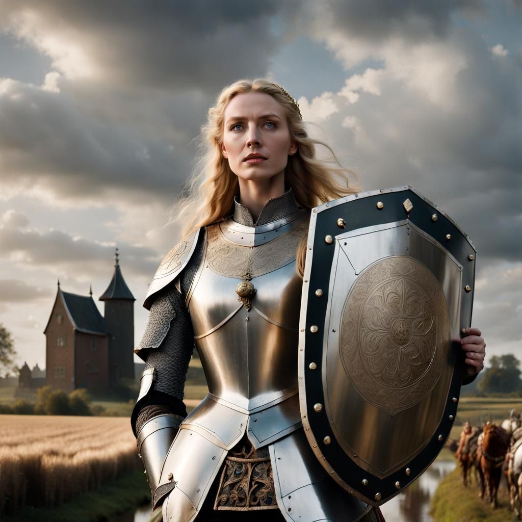 Heroic Dutch female knight with long wavy blonde hair showing her ...