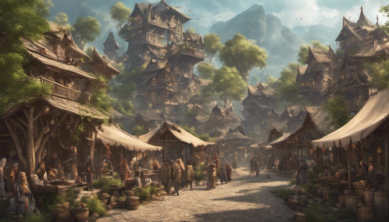Busy elven marketplace in a town of treehouses in a danxiashan ...