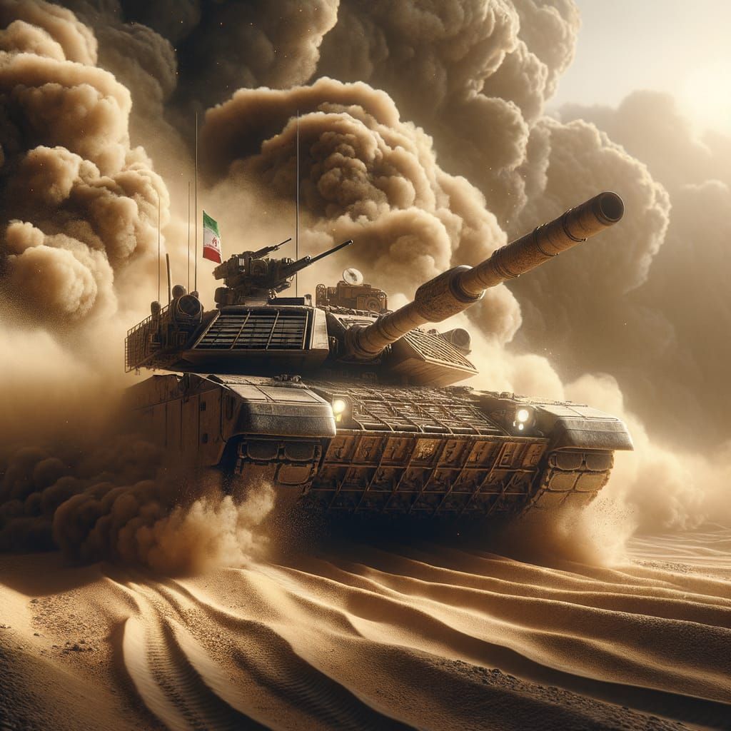 🚜 An Iranian Tank on the Move: Advancing Through a War-Torn Desert 🌪️