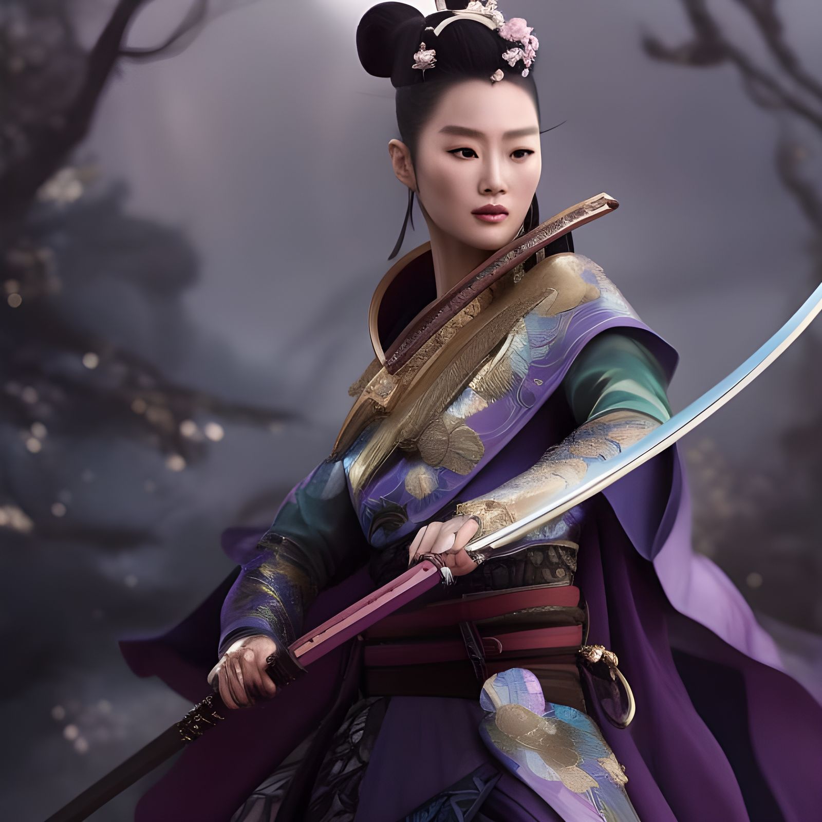 Hyperrealistic portrait of beautiful fenale samurai, wearing long ...