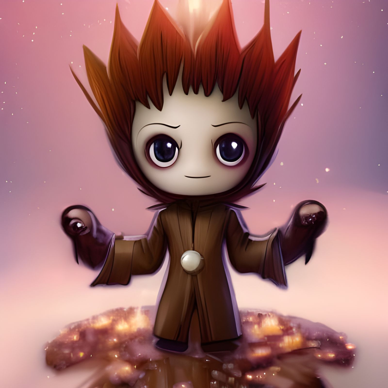 an adorable chibi groot, gorgeous eyes, sparks, Michael Kaluta ...