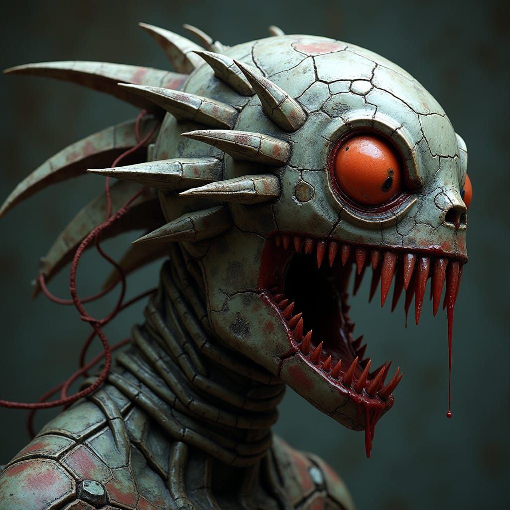 an evil jagged sword head, one giant eyebull, forehead is jagged ...