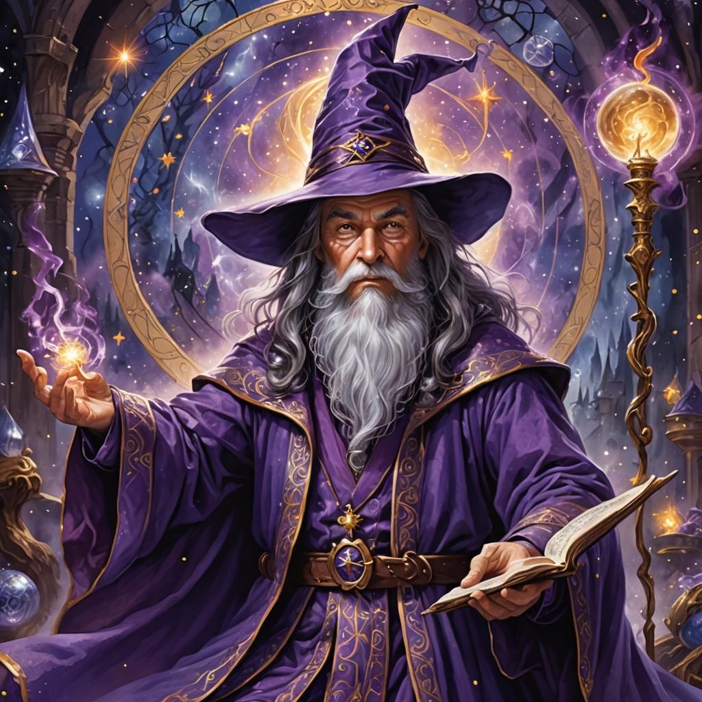 In the midst of his travels, the Wizard, garbed in regal purple attire ...