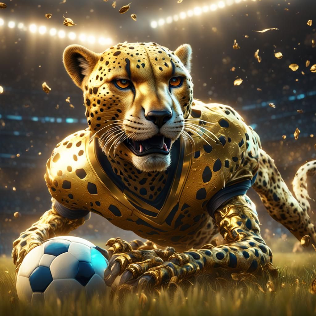 gold shiny cheetah playing football - AI Generated Artwork - NightCafe ...