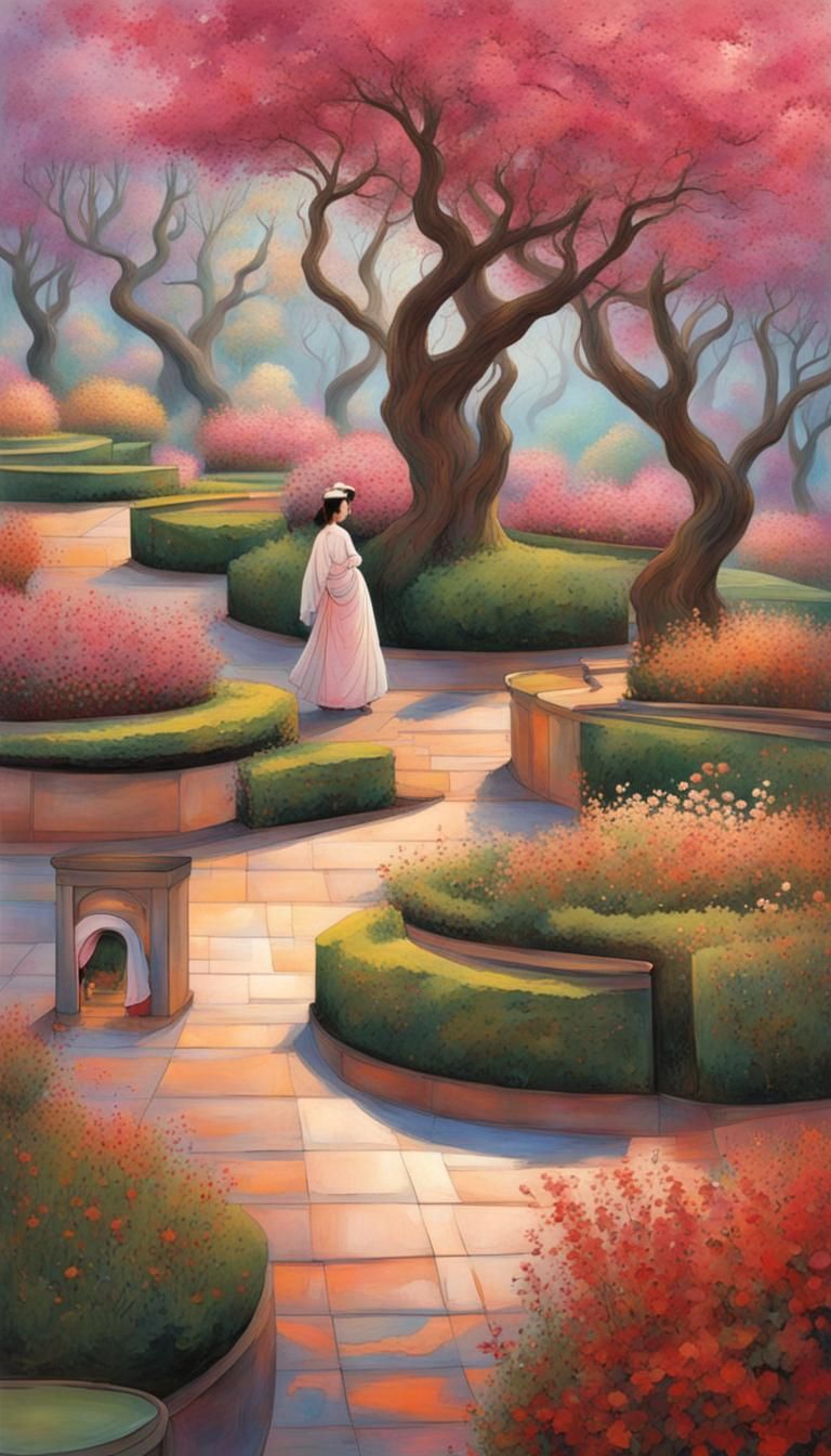 Temporal Tea Garden: In a mesmerizing garden, the viewer sips tea as blossoms unfurl and retreat ...