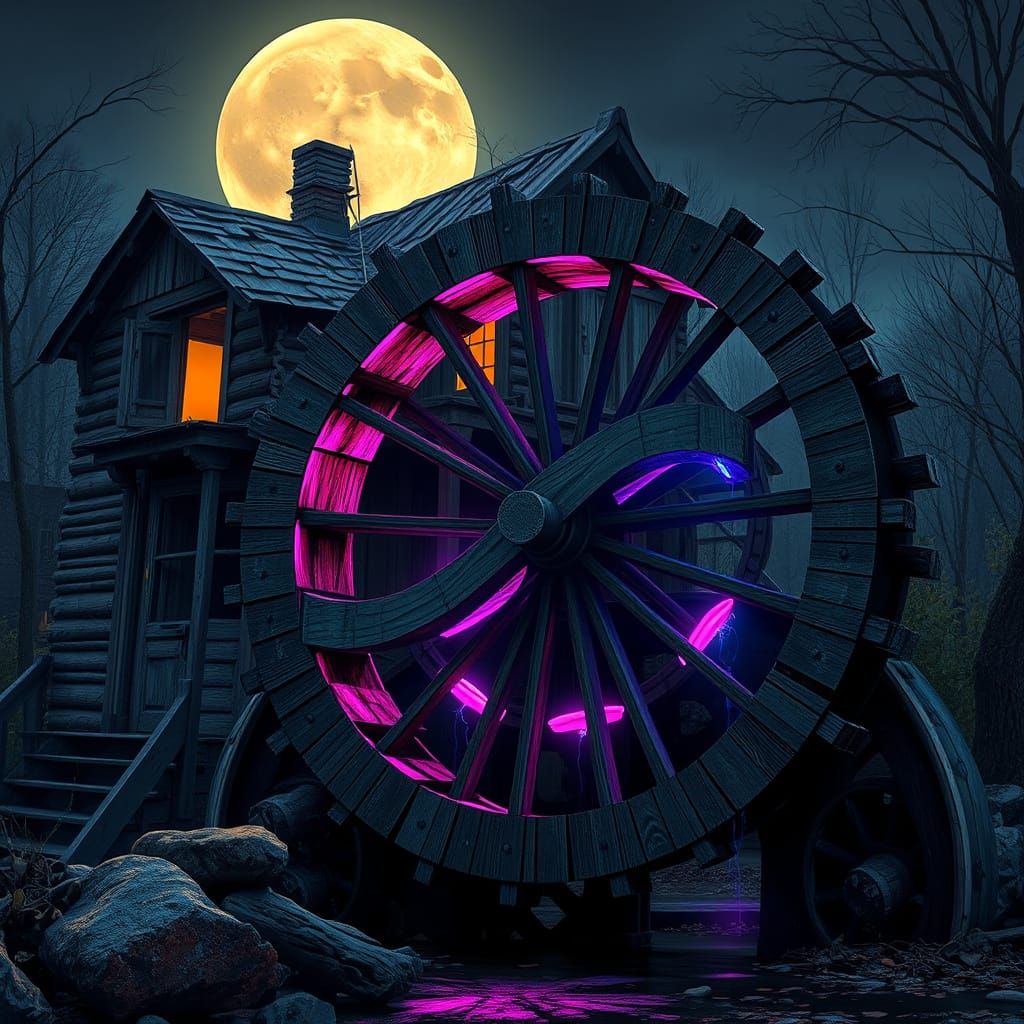 Majestic Infinity Water Wheel in Moonlit Night Sce... - AI Art