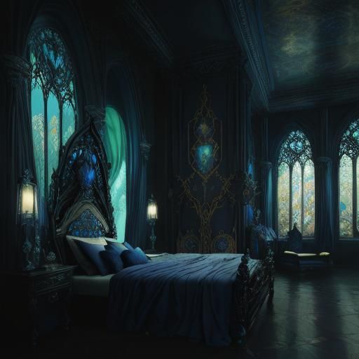 Beautiful Cobalt blue and black gothic bed& hyperdetailed art nouveau ...