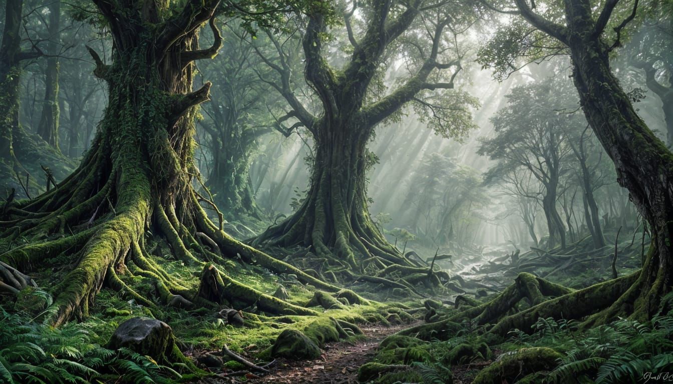 Ethereal Ancient Forest in Perpetual Twilight - AI Art