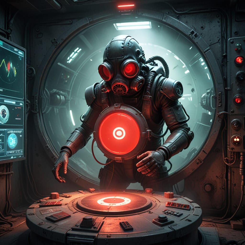Glowing Red Button in Futuristic Control Room: Pos... - AI Art