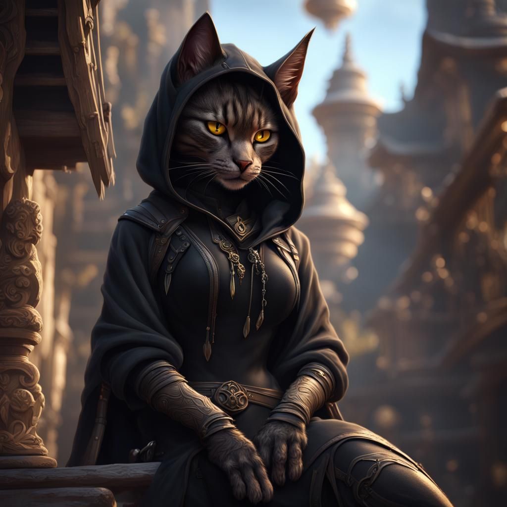 Female Tabaxi, Rogue, black fur Feline, beautiful, bright hazel eyes ...