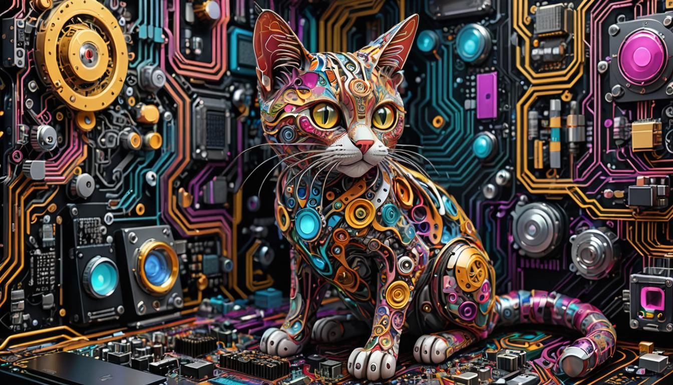 The robotic cat sits on a motherboard inside the computer - AI ...