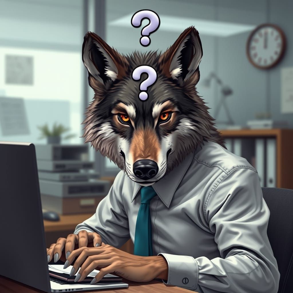 Office Worker Wolf Ponders Life's Big Questions - AI Art