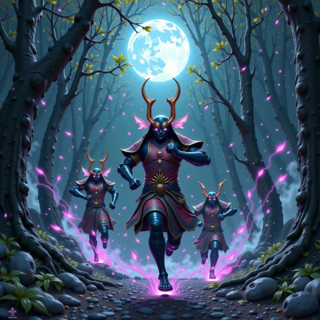 Yokai and Oni in Samurai Armor, Futuristic Style - AI Art