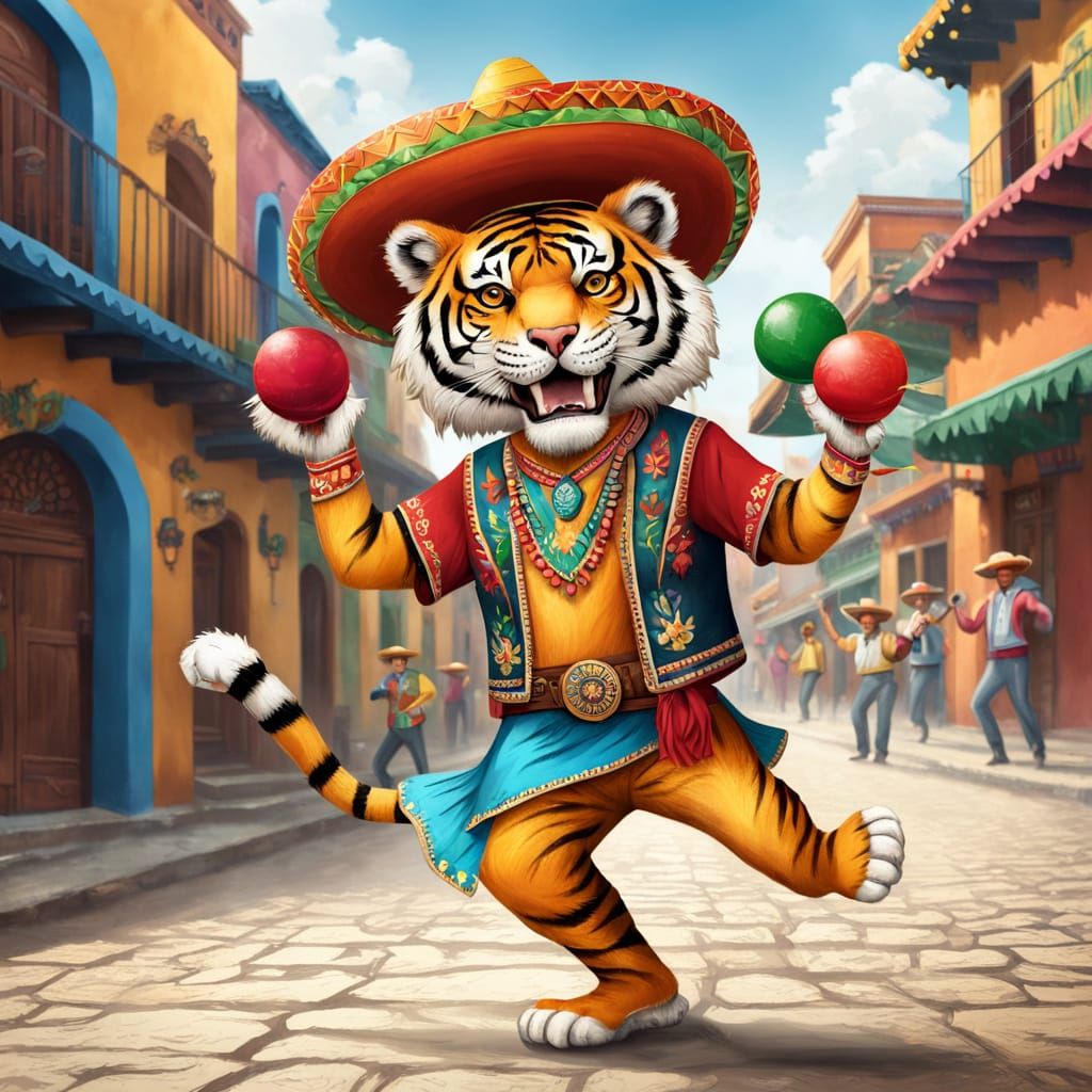 Tiger Fiesta: Sombrero, Maracas, and Mexican Town - AI Art