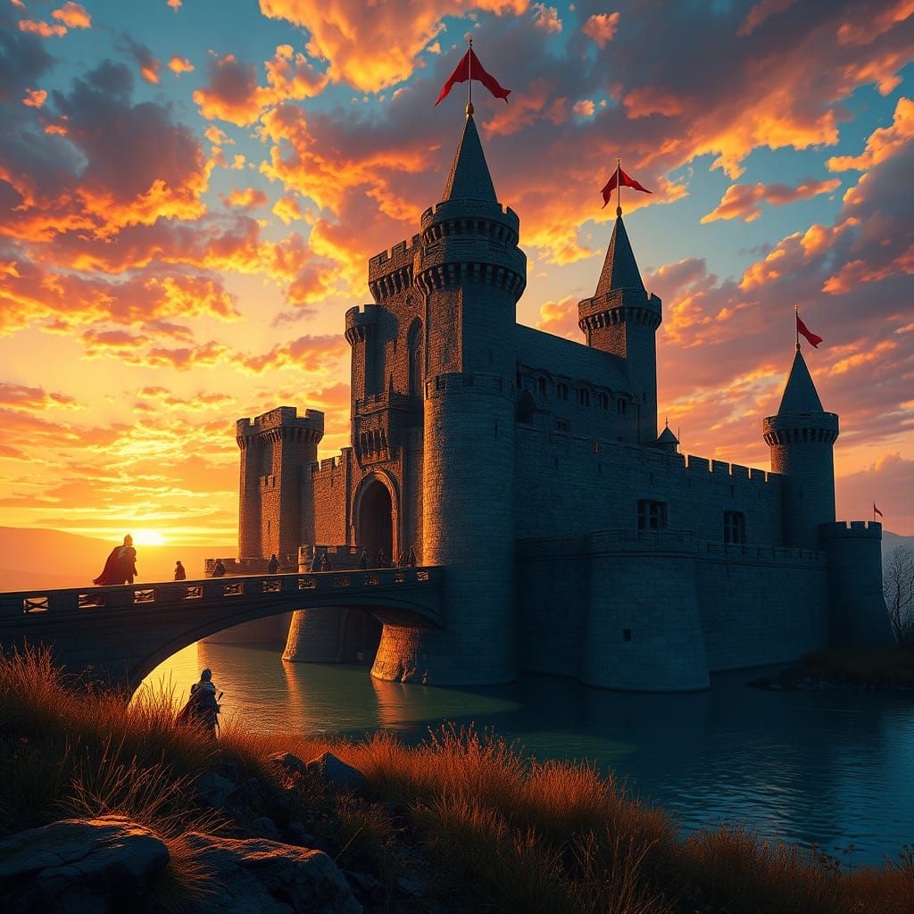 A medieval castle at sunset, golden light, moat, drawbridge, knights ...