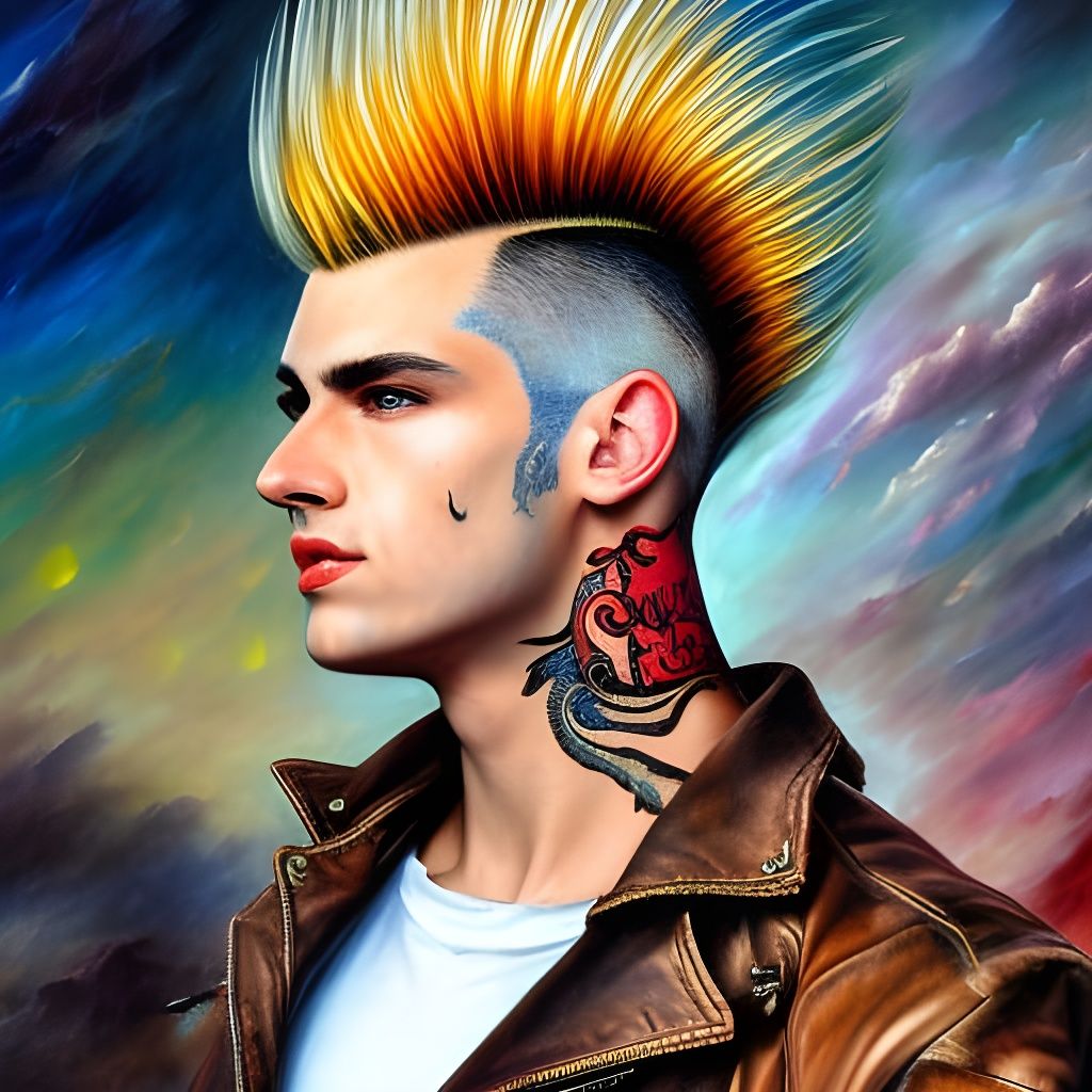 Portrait of clean shaven punk youngster leather jacket profile view ...