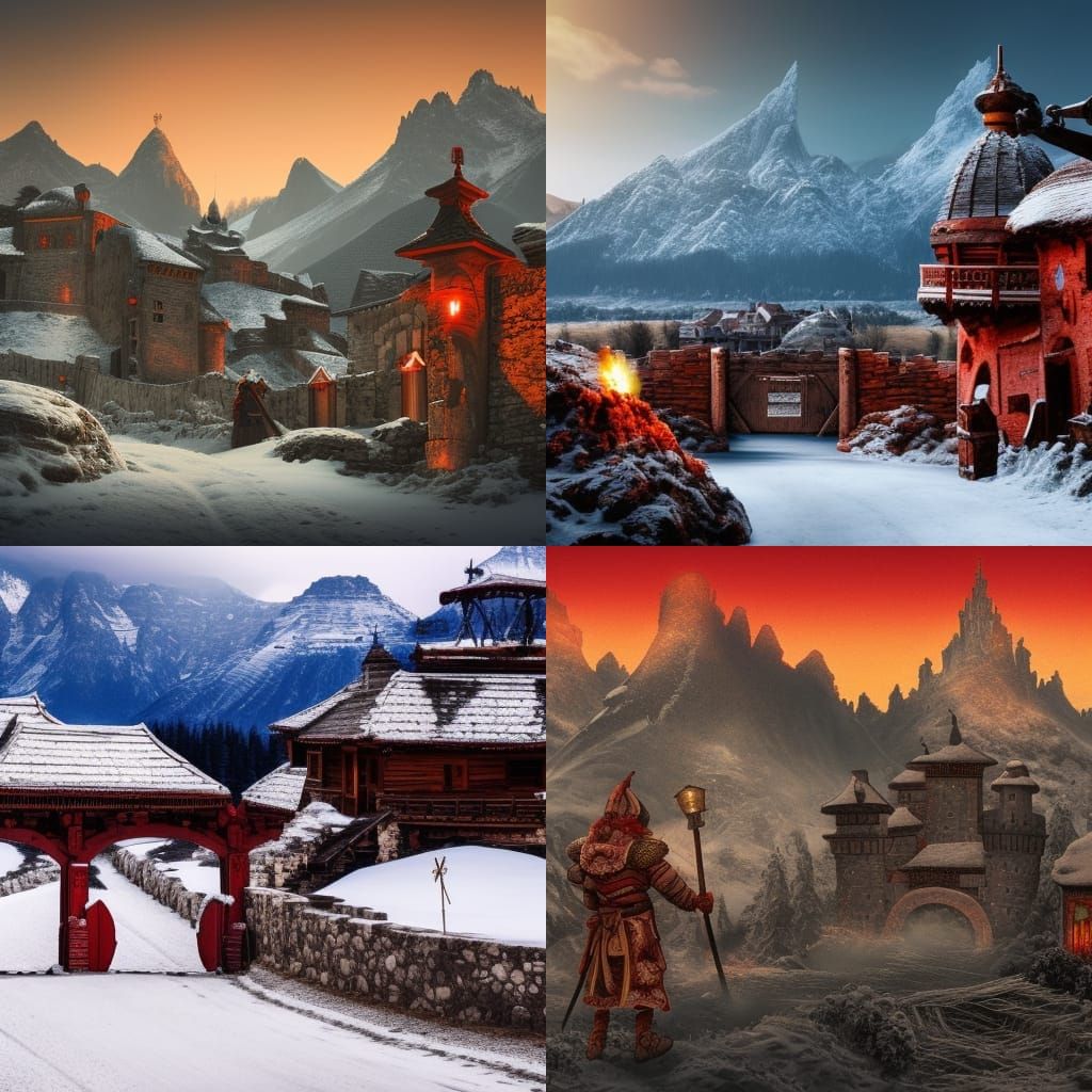 Snow covered Mountain village dark ages, gate in foreground, streets of ...