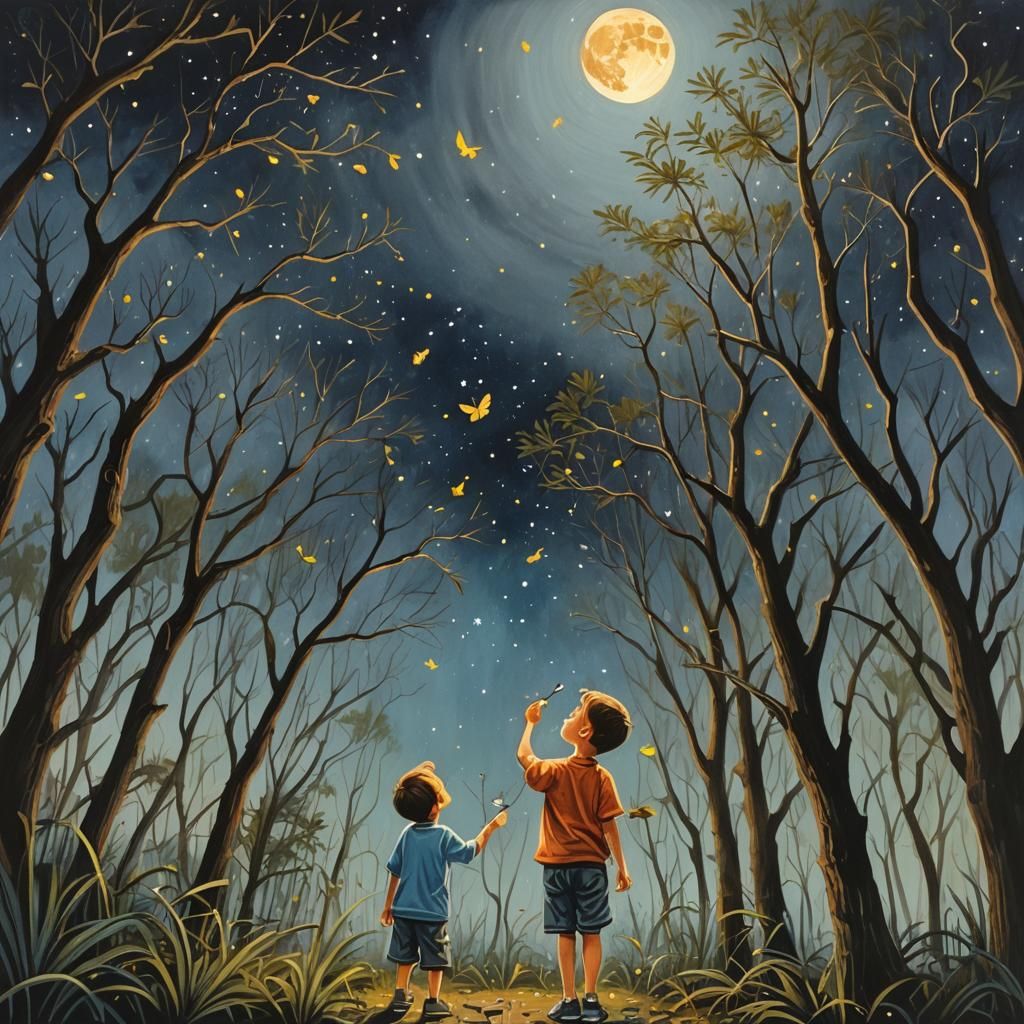 Masses of Fireflies flying through the air, little boy capturing ...