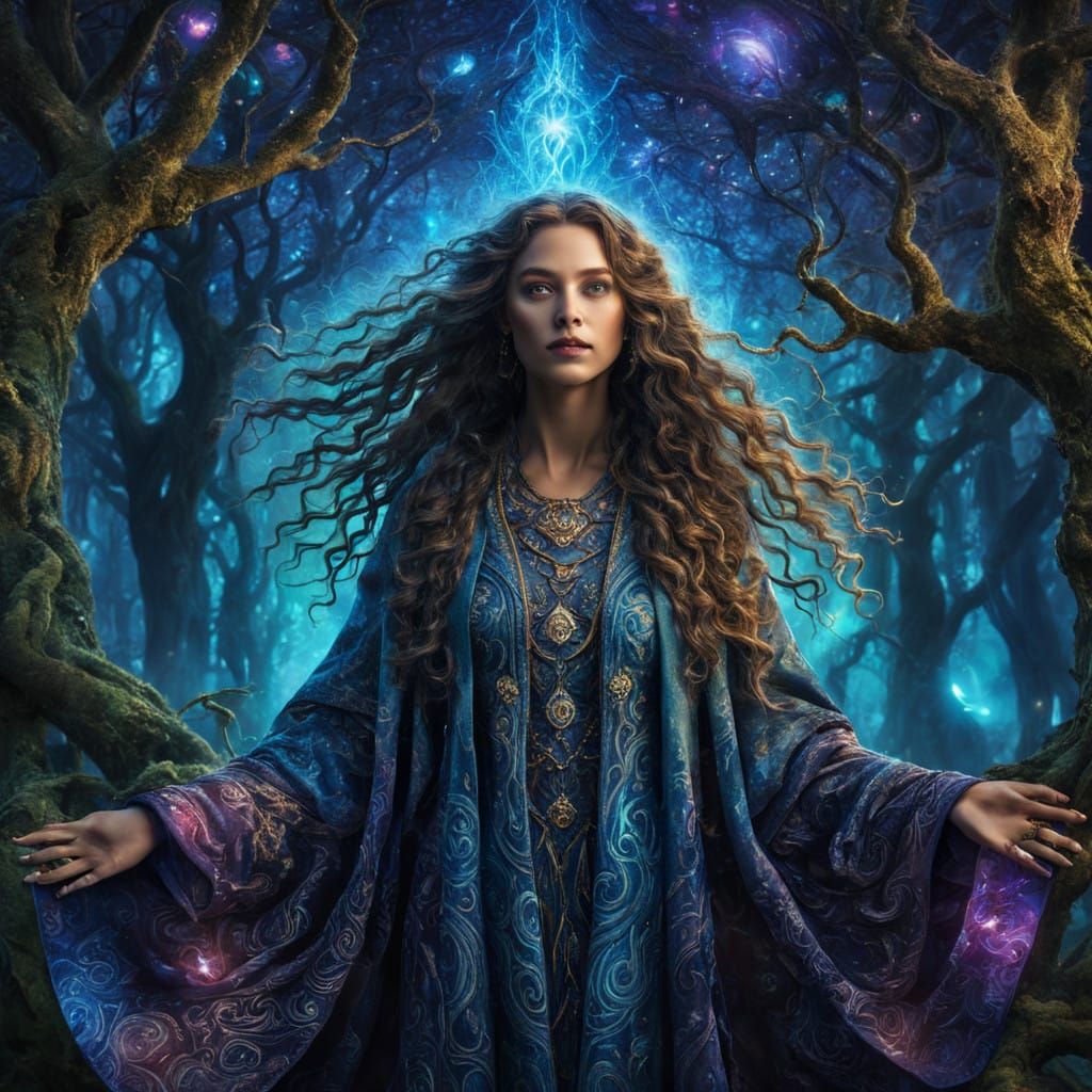 A fantasy scene of a sorceress conjuring a spell in a dark, enchanted ...