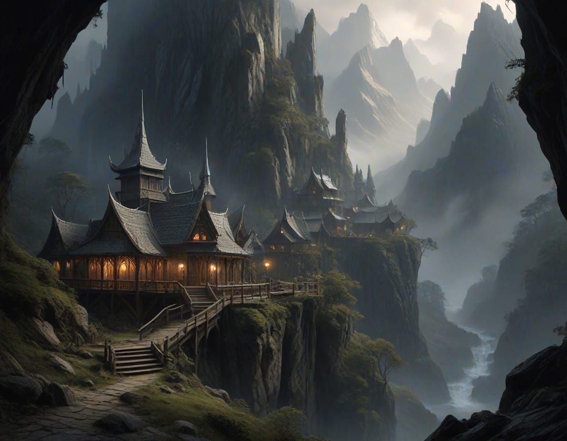 Ethereal Elven Castles in Majestic Mountain Landsc... - AI Art