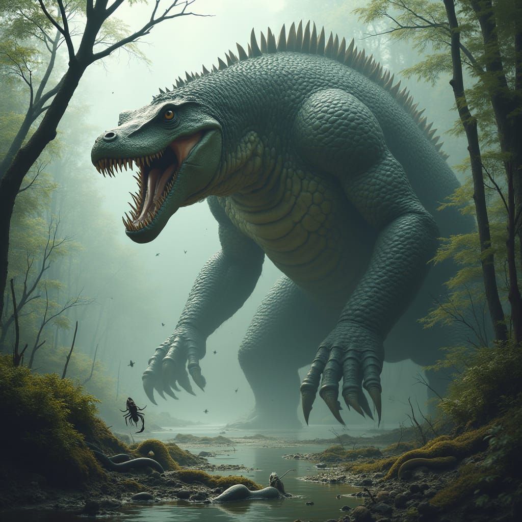Ancient Swamp Predator Reveals Razor-Sharp Fangs - AI Art