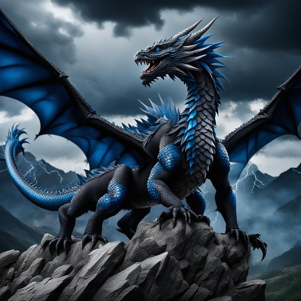 Lightning dragon, flying, storm clouds, mountain view, fierce blue eyes ...