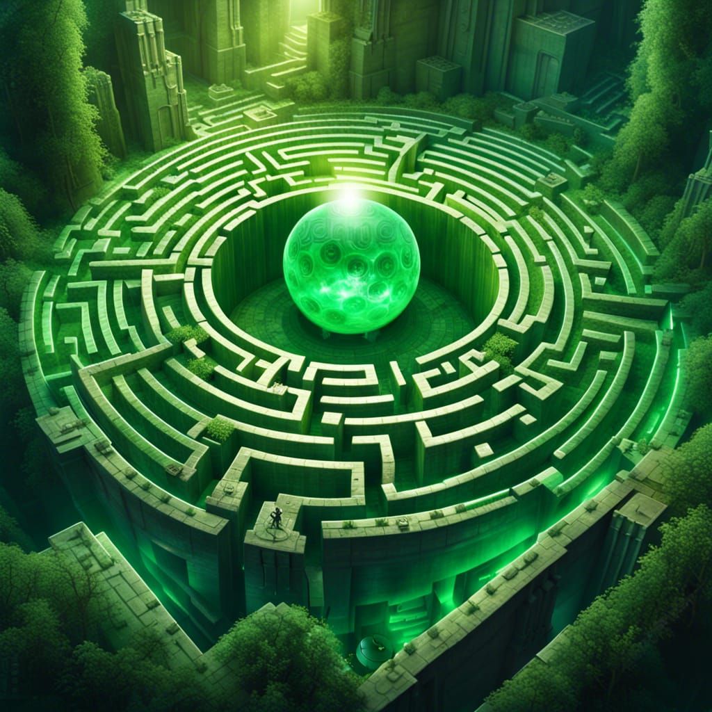 lost in a emerald maze,labyrinth from above, huge jade golem in the ...