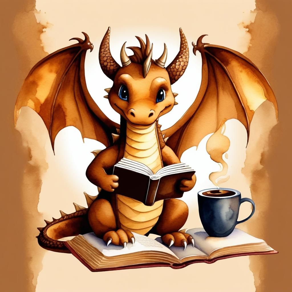 Cute dragon drinking coffee and reading a book - AI Generated Artwork ...