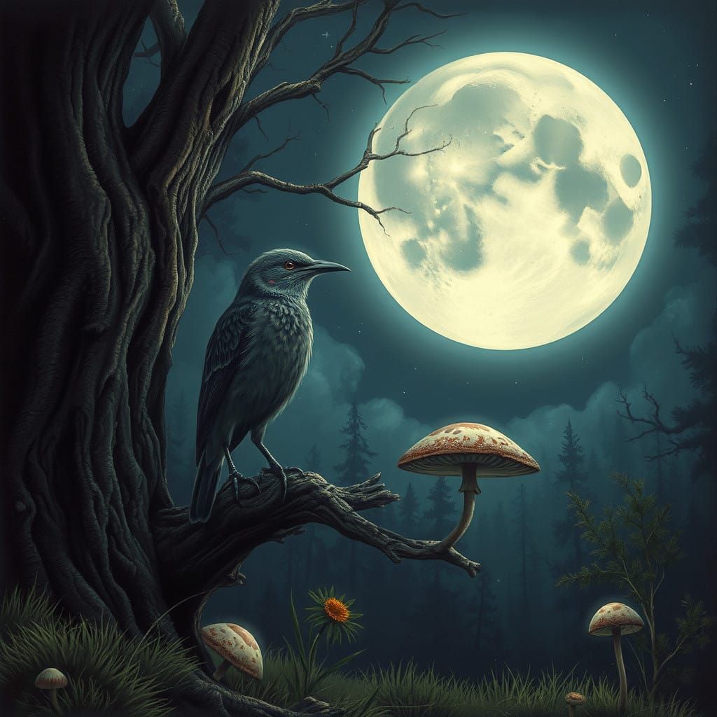 Oiseau Champignon Lune - Mysterious Moonlit Bird in a Haunti...
