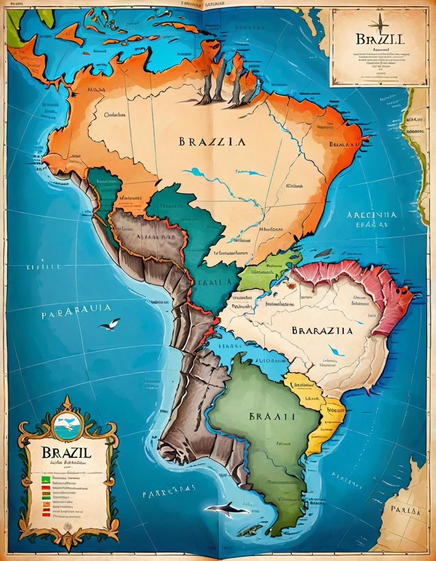Brazil's map with borders countries, Argentina, Paraguay, Uruguay, Peru ...