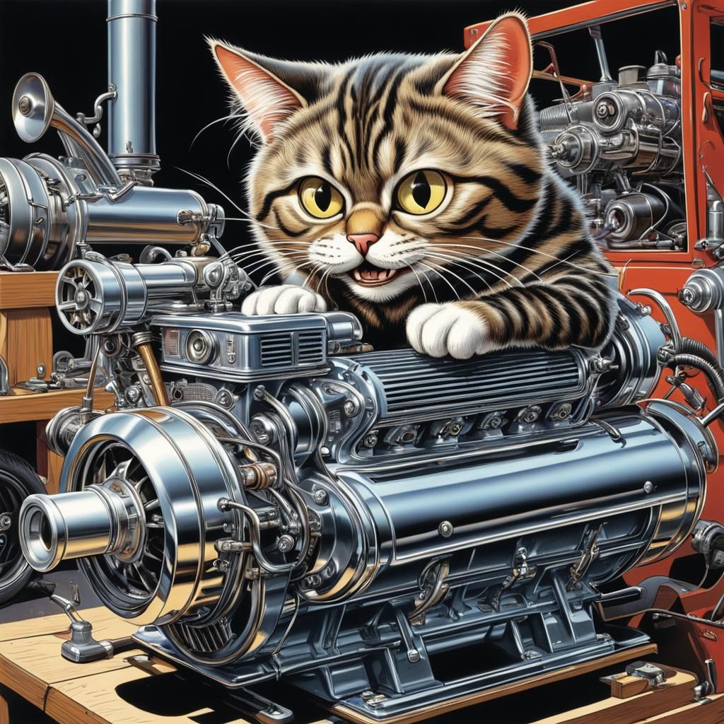 (Illustration:1.3) by Ed Roth, cat, working on large motor, chrome ...