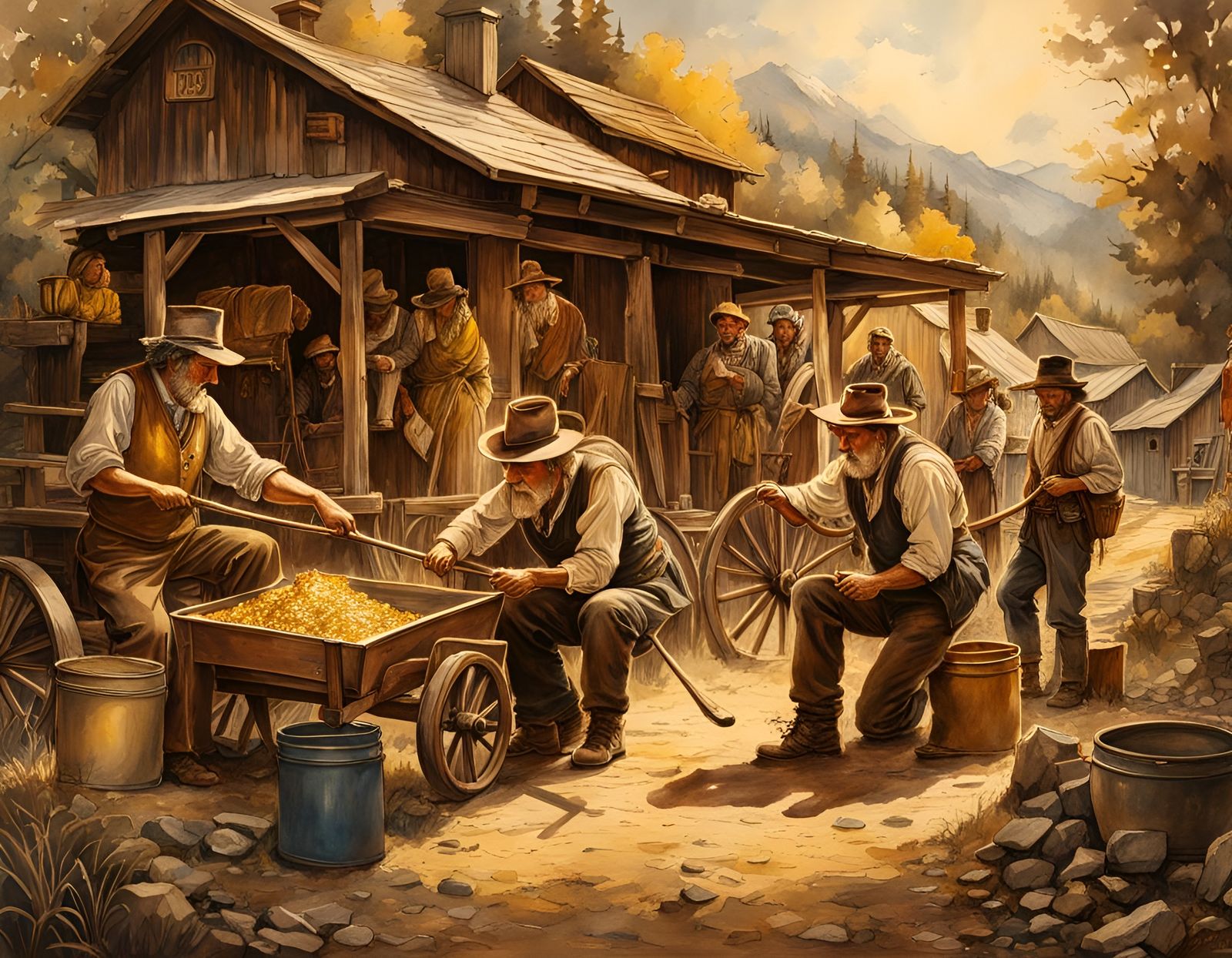 "Draw some gold prospectors in a realistic western gold mining town ...