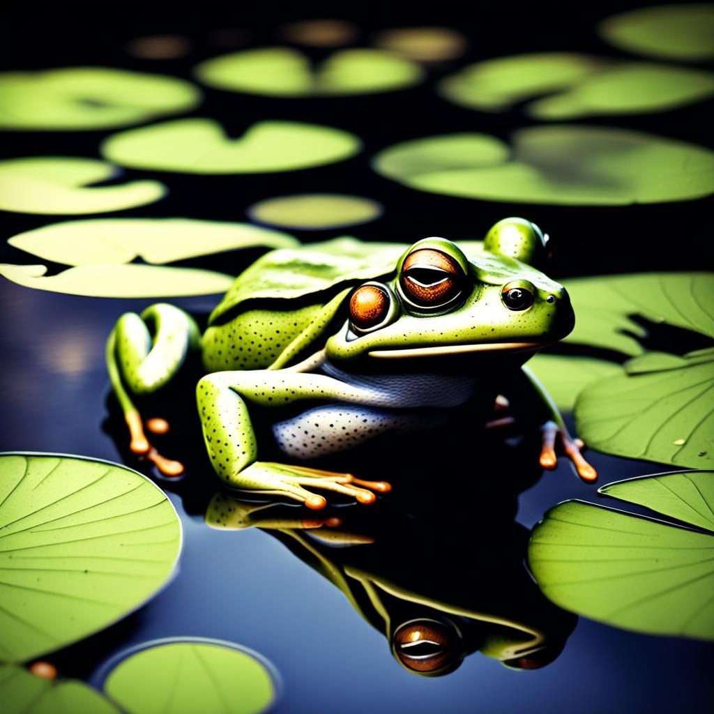 Photo realistic frog on a pond at night. - AI Generated Artwork ...