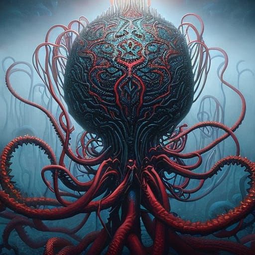 "A disturbing painting of a floating brain made of many small eyes and ...