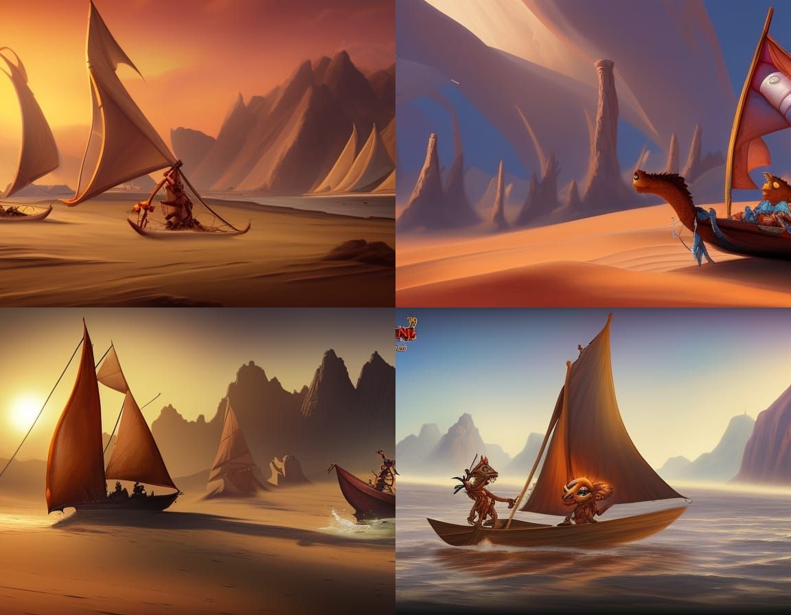 dnd kobolds sailing on a sailboat through the desert on sand - AI ...