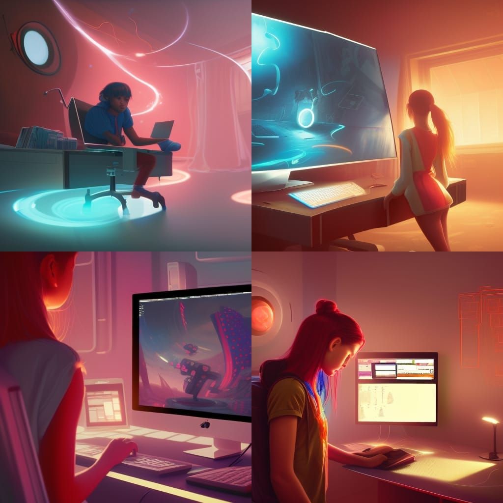 Teenager with a computer monitor with imaginative and trippy elements ...