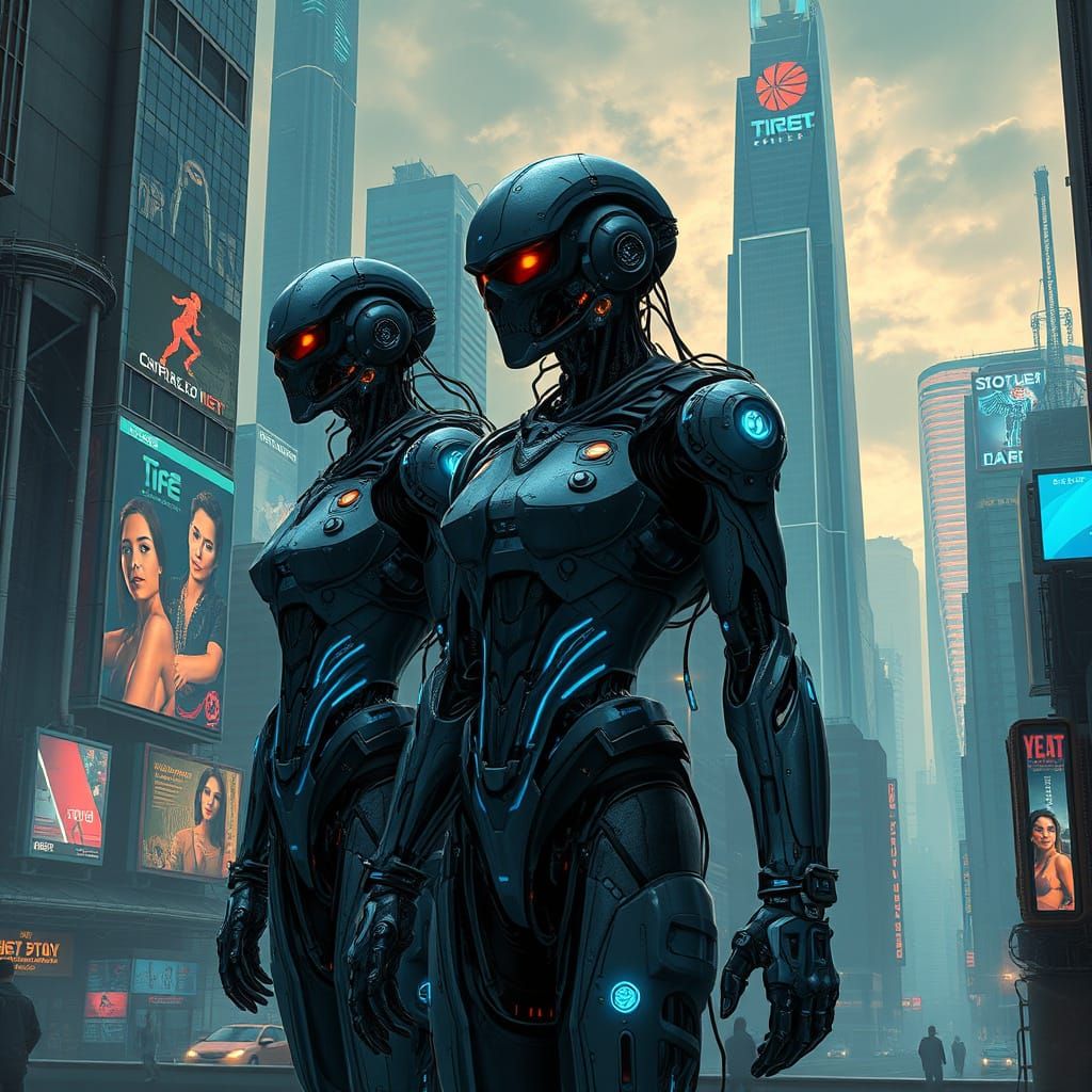 AI Humans - Cyberpunk Humans in a Dark Futuristic Cityscape
