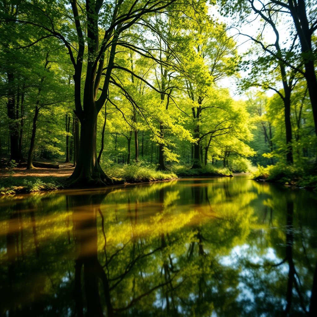 A tranquil pond in a forest glade, its surface still and reﬂecting the surrounding trees ...