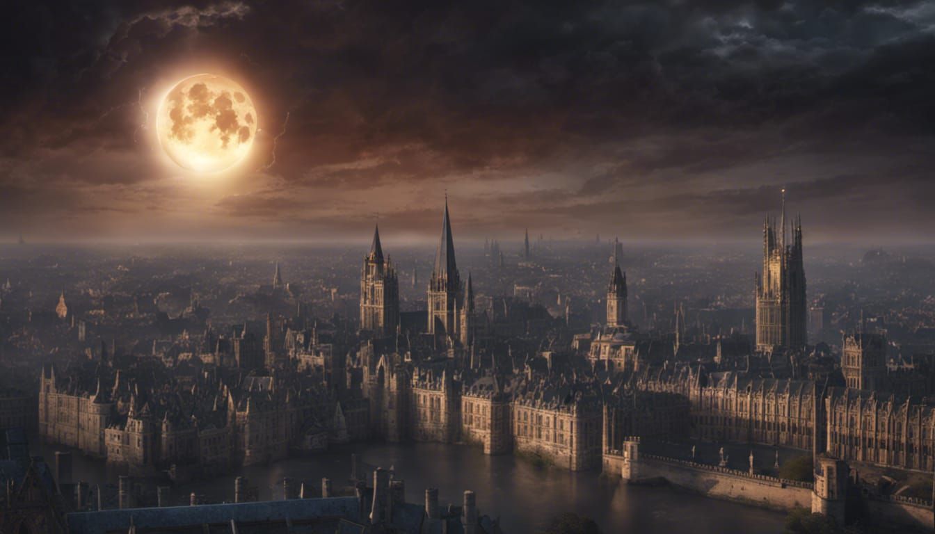Total solar eclipse over medieval London. An eerie twilight falls over ...