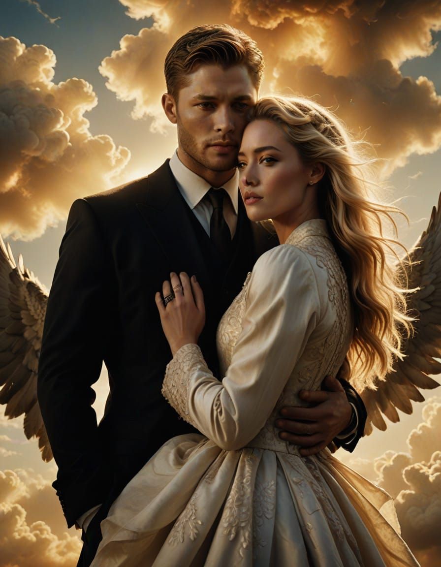 Romantic Heavenward Ascent in Golden Light - AI Art