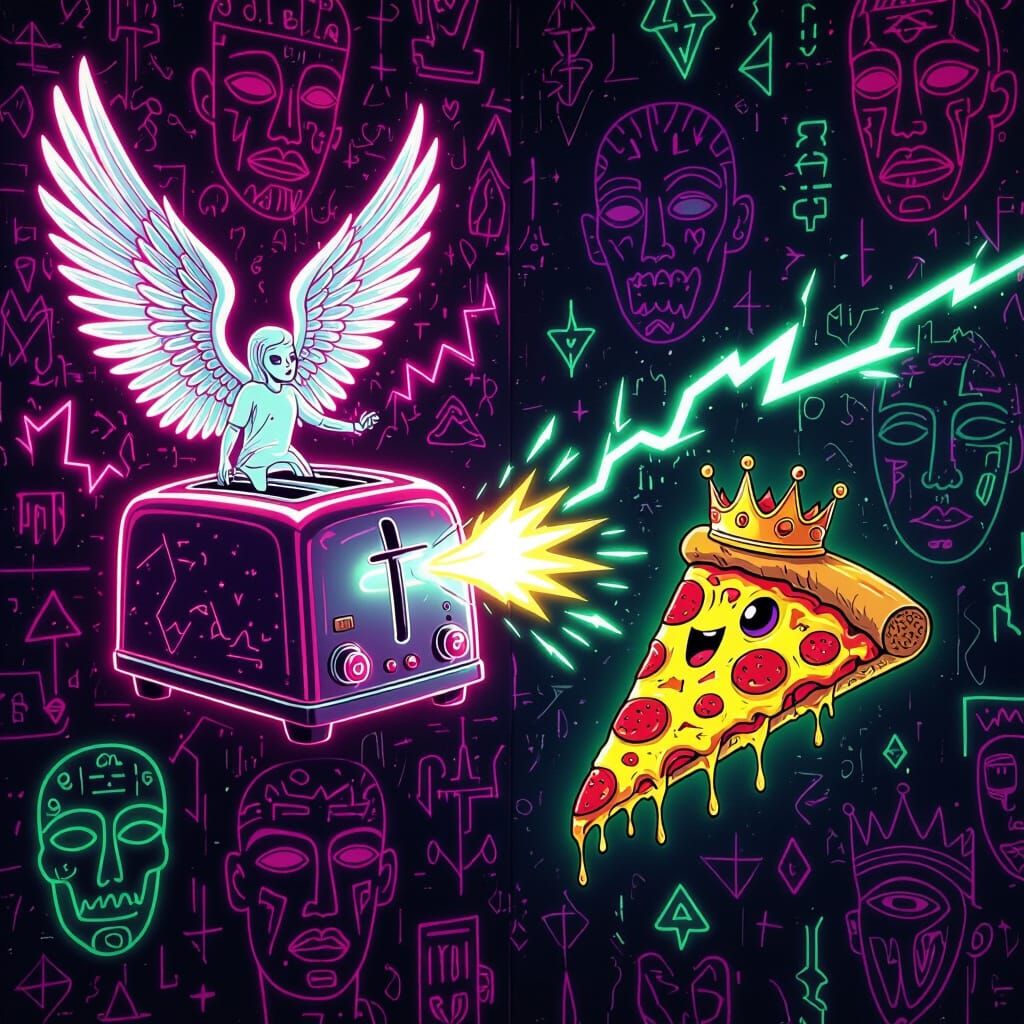 A trippy graffiti of a screaming toaster with angel wings, shooting ...