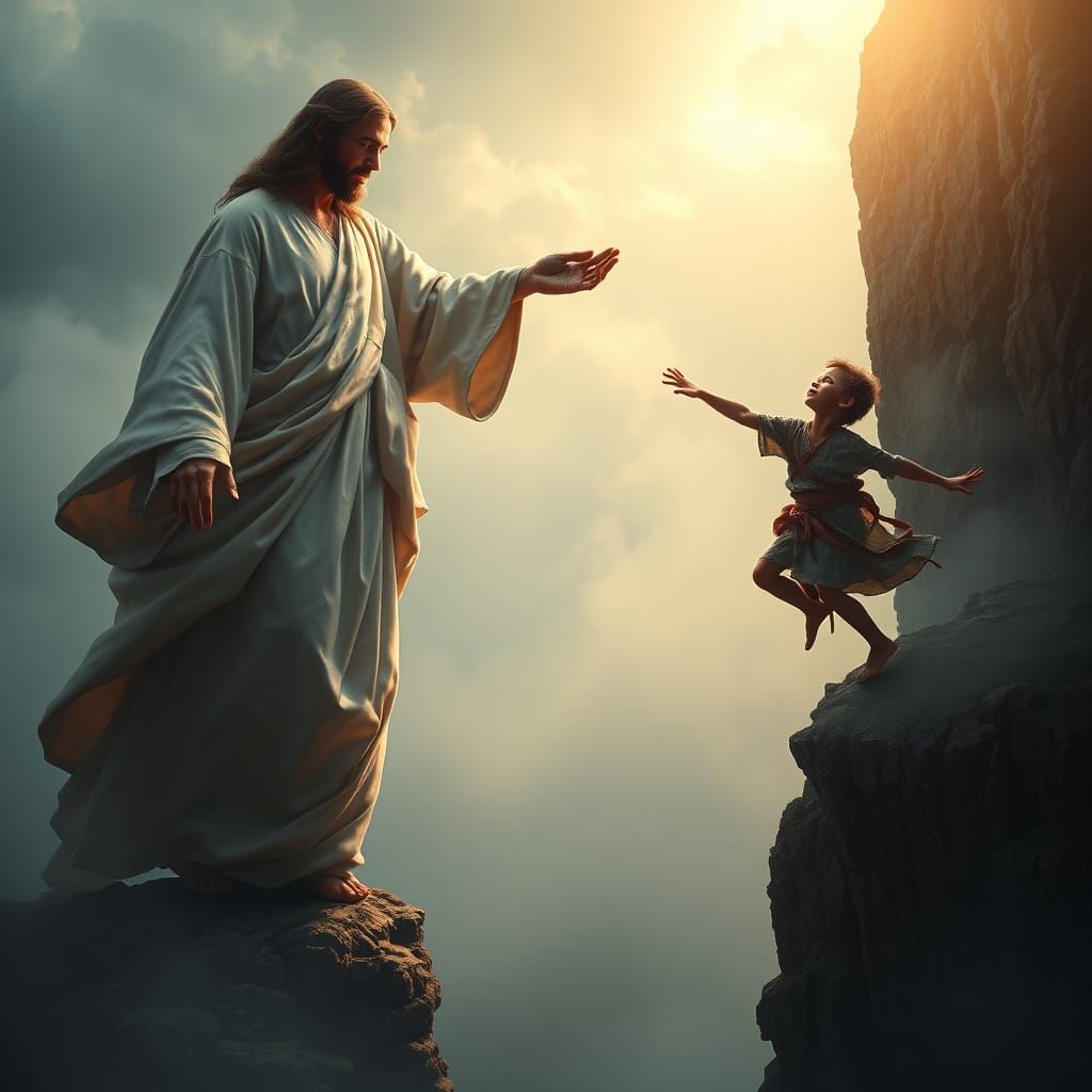 Divine Intervention: Jesus Saves the Fallen Boy - AI Art