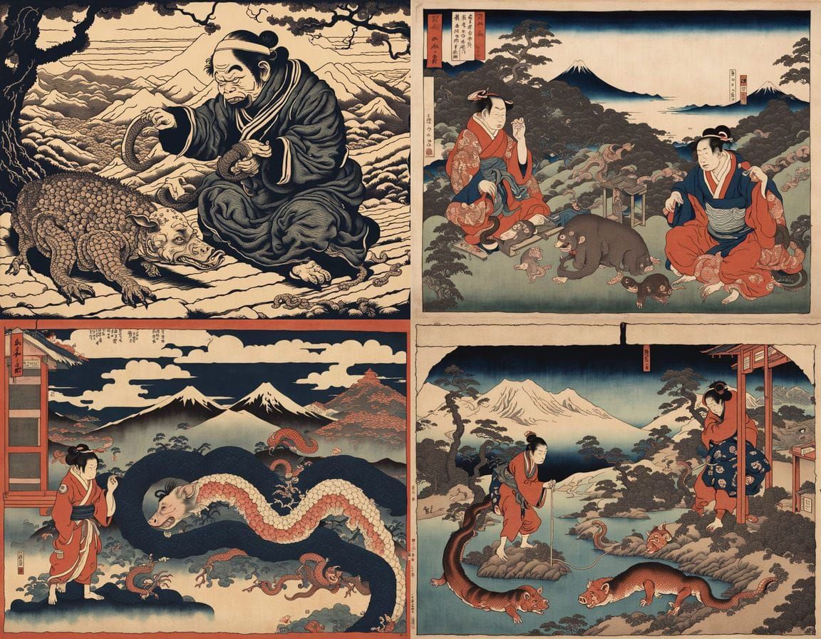 A Japanese-Inspired Homunculus Ape in Woodblock St... - AI Art