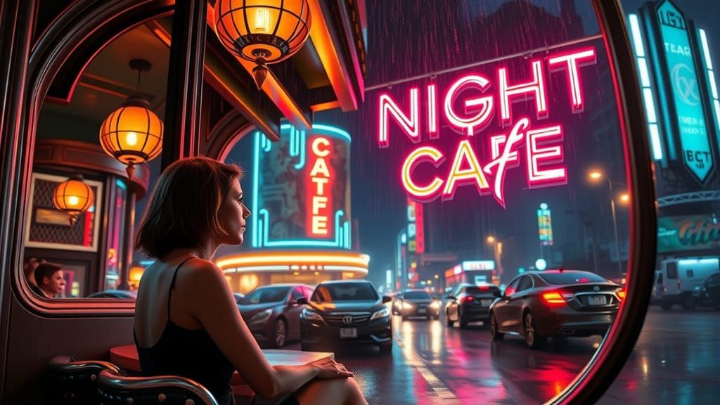 Night Time in Neon City - Neon Night Cafe Masterpiece in Art...
