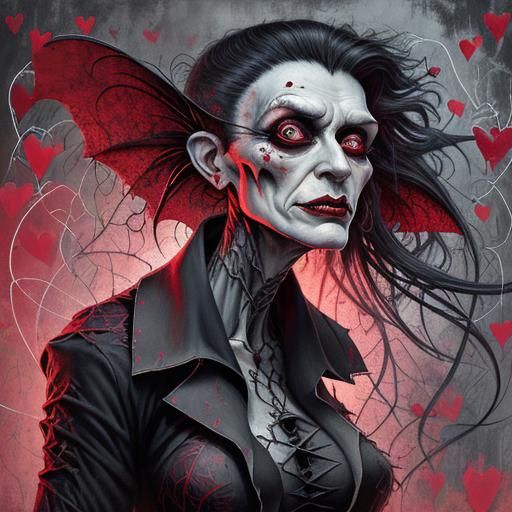 Faded and cracked painting of a sickly woman with a distorted face and ...