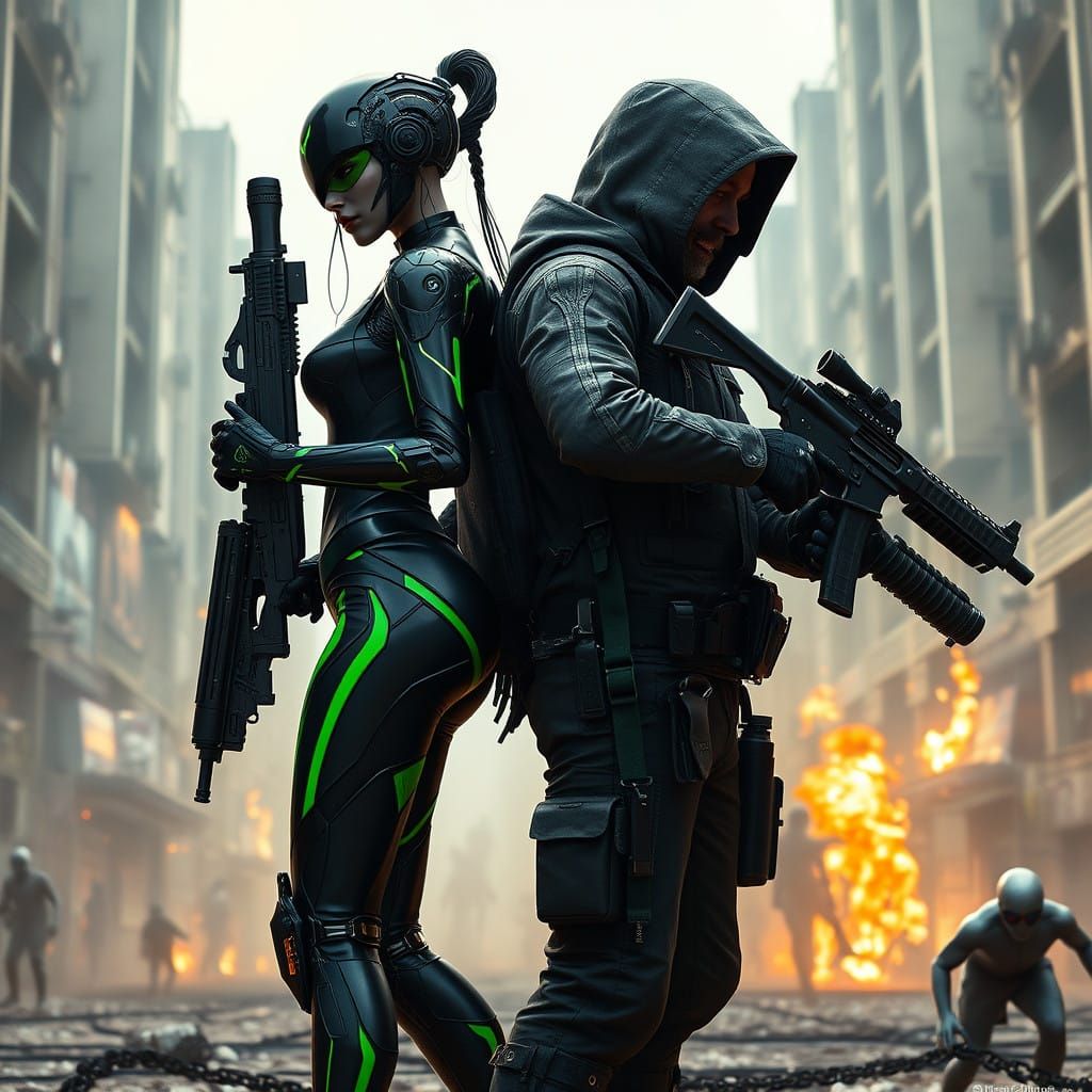 Cyberpunk Androids Battle for Survival in Post-Apo... - AI Art