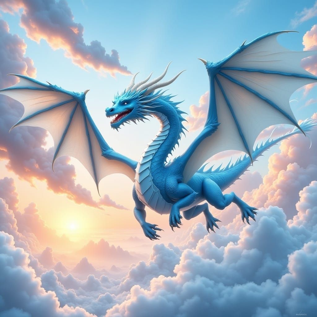 An oriental blue dragon flying into the sky. Illustration in pastel colors.