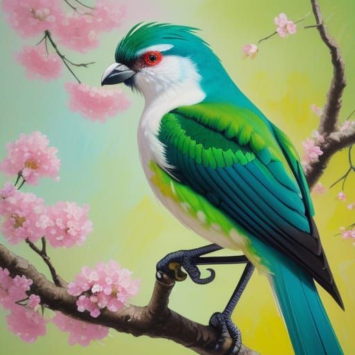 close-up portrait of a shining quetzal posed on the branch of a tree ...